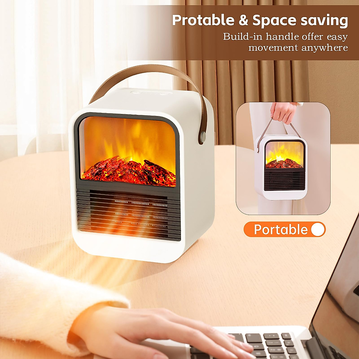 ZJFLNZYC Portable Mini Small Electric Fireplace Heater,Small Room Space Heaters for Indoor Use with 3D Flames,PTC Ceramic Heater, Desk Space Heater for Bedroom,Bathroom and Office Quiet Small(White)