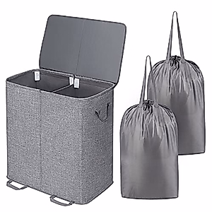 Lifewit Double Laundry Hamper with Lid and Removable Laundry Bags, Large Collapsible 2 Dividers Dirty Clothes Basket with Handles for Bedroom, Laundry Room, Closet, Bathroom, College, Grey and Black
