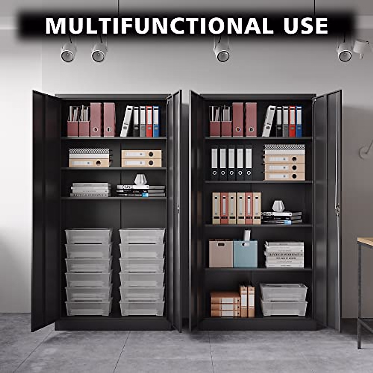 BYNSOE 71" Metal Storage Locker Metal Garage Locker Cabinets with Locking Door and 4 Adjustable Shelves, Steel Classic Storage Cabinet for Home, School, Office, Garage (Black-Style 1)