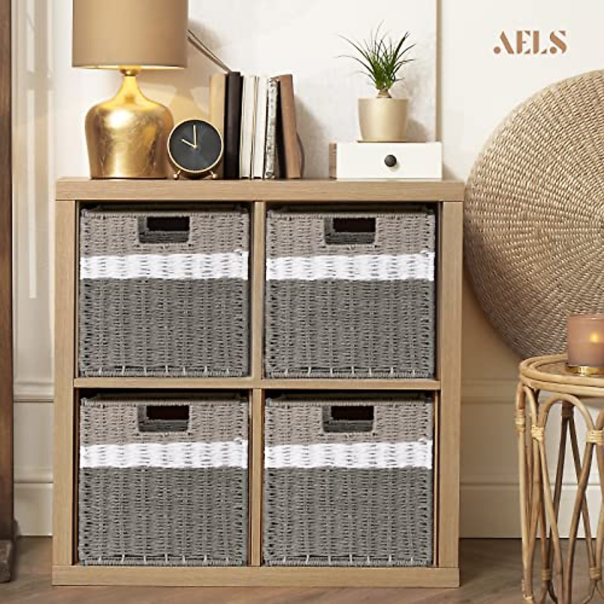 AELS Woven Baskets for Storage, Natural Hand-woven Storage Baskets for Organizing, Cubby Cubes Storage Bins for Shelves, 11" Modern Farmhouse Square Storage Cubes with Handles, Gray and White, 4 Pack