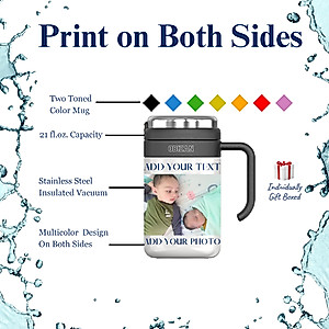 OBIZAN Personalized Tumbler Photo Mug - Insulated Custom Tumbler Coffee Mug with Photo, Text, Logo - Customized Gift Flask - 20oz Stainless Steel - Double Walled Travel Thermos with Handle