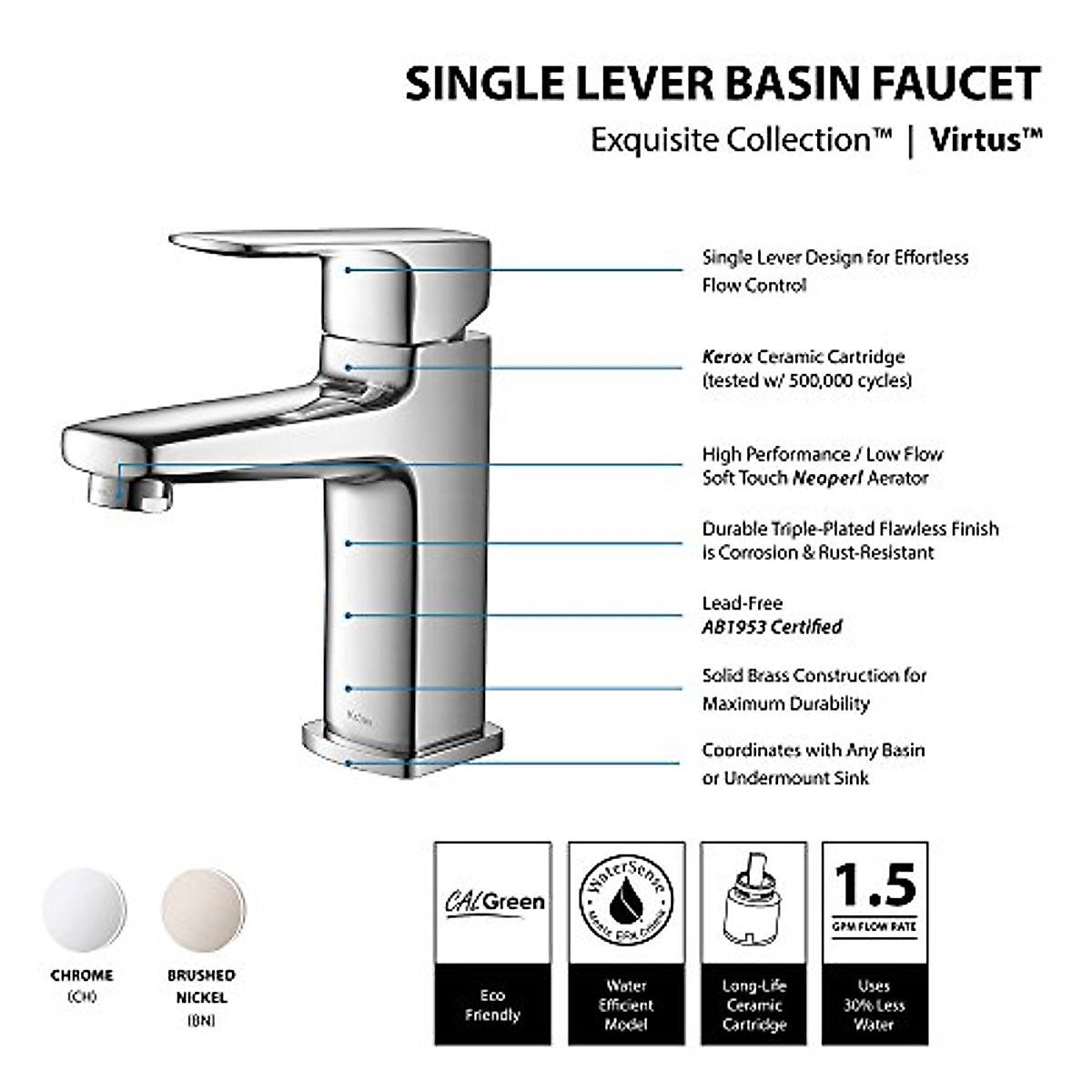Kraus KEF-15501CH Virtus Single Lever Basin Faucet, Chrome
