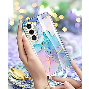Turquiase for Samsung Galaxy S23 Case with 2pcs Tempered Screen Protector&1pcs Len Camera Protector, Lightweight and Stylish Full Body Shockproof Protective Rugged TPU Case, Blue Marble