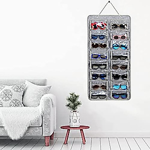 Casaphoria Sunglasses Organizer Storage, Hanging Dust Proof Wall Pocket Glasses Organizer - 16 Felt Slots Sunglass Organizer Holder with Metal Hook and Sturdy Rope (Gray, Dust Proof)