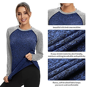 Fleece Lined Shirt for Women Long Sleeve Running Shirts with Thumb Holes（Navy-Grey,Medium