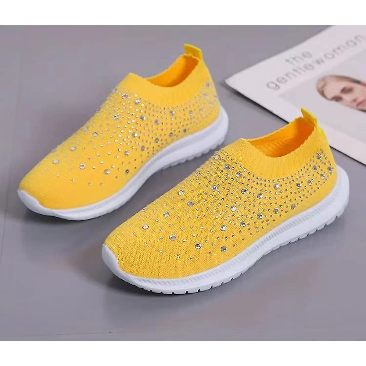 IMPREMEY Women's Sparkle and Shine Rhinestone Glitter Slip-on Mesh Walking Shoe with Non-Slip Sole Yellow