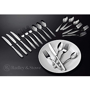 Radley & Stowe 60-Piece Flatware Durable Stainless Steel Silverware + 5-Piece Serving Set Bundle (Service for 12)