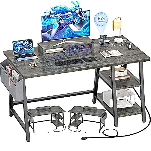 Armocity Computer Desk with Outlet and USB Charging Port, 47 Inch Desk with Reversible Storage Shelves, Modern Gaming Desk with Moveable Monitor Stand and Storage Bag for Home Office Workstation, Gray