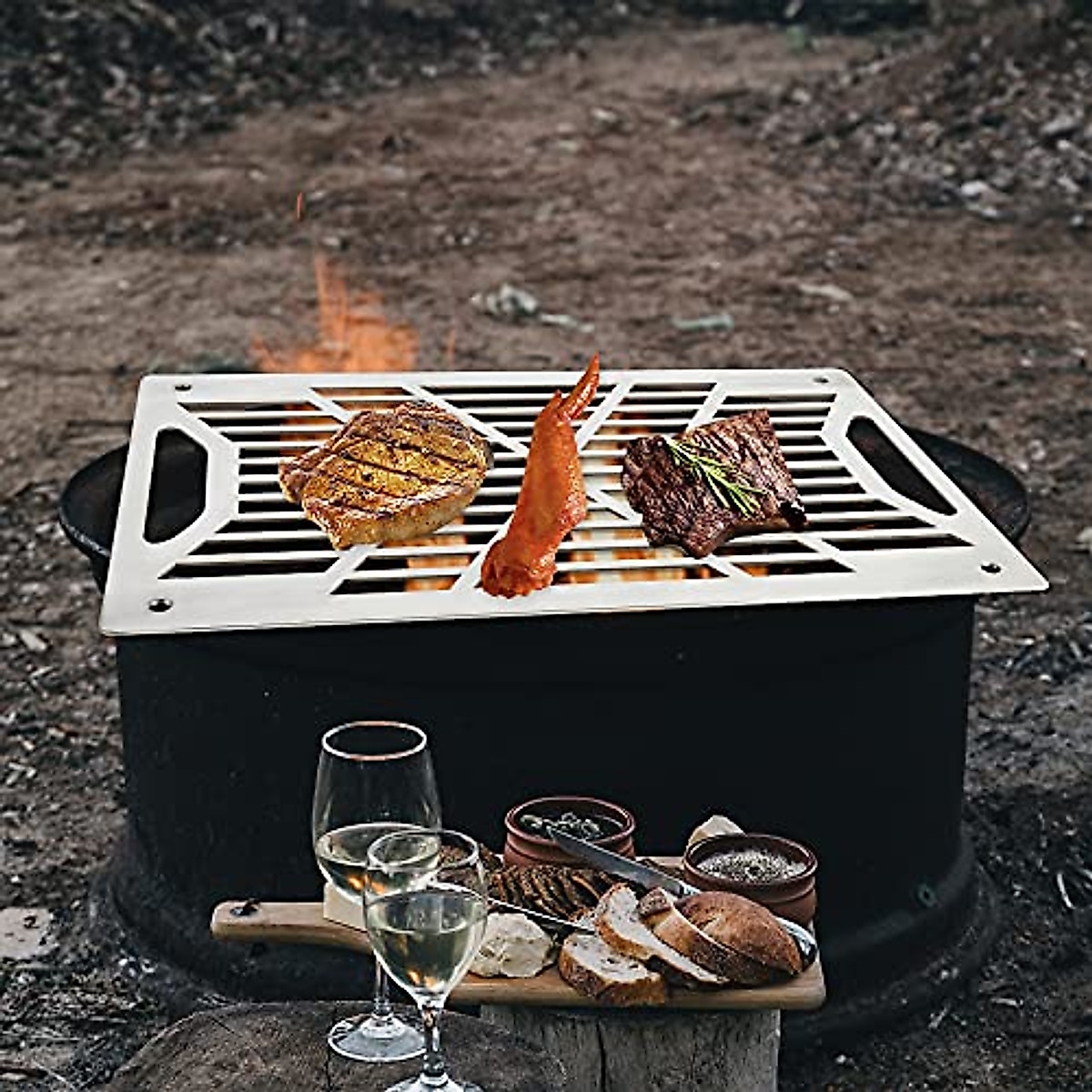 BBQ Charcoal Grill Barbecue Simple Portable Easy Installation Stainless Steel Plate with 4 Legs Kebab Shelf for Hiking Camping Hunting Fishing Indoor Outdoor