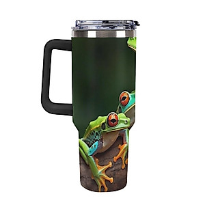 Colored Frogs And Dragonflies Insulated Stainless Steel Travel Mug, 40 Oz Tumbler with Handle And Straw Double-Wall Vacuum Coffee Cup, Leak-Proof Lid, Keeps Drinks Hot/Cold for Hours