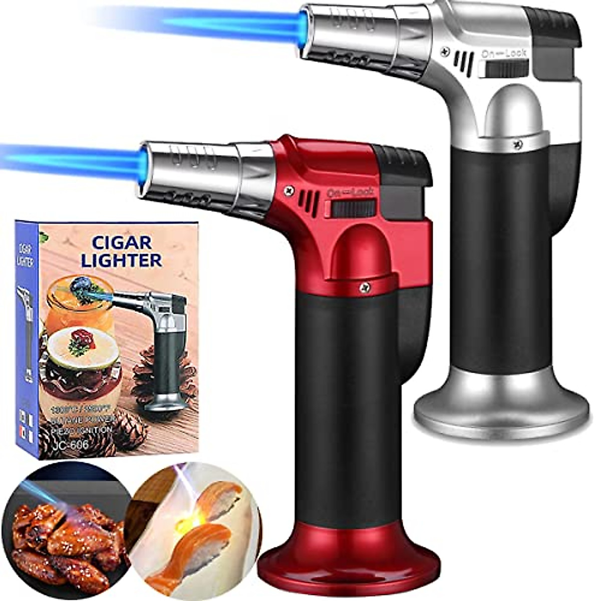 2 Pack Butane Torch Lighters,PBXZET Blow Torch Refillable Kitchen Cooking Torch with Safety Lock Adjustable Flame Chef Torch for Desserts Brulee BBQ Baking-Butane Gas Not Included(Silver Red)