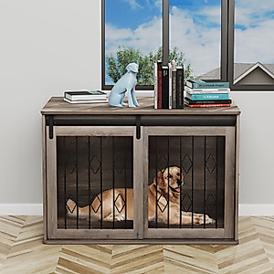 Clevich Large Dog Crate Furniture w/Sliding Barn Door, Wooden Indoor Dog Kennel w/Flip-top, 39.4'' Heavy Duty Modern Puppy Dog Cage End Table w/Detachable Divider for Small/Medium Pets (Oak Grey)