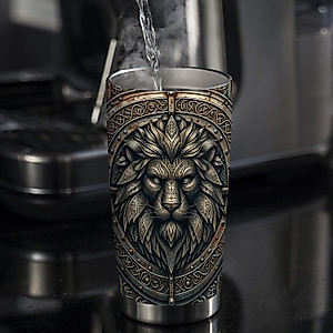 20oz Viking Celtic Warrior Lion Tumbler, Norse Mythology, Viking Gifts for Men, Coffee Thermos for Men, Stainless Steel Double Wall Vacuum Insulated Coffee Mug, Travel Cup with Lid