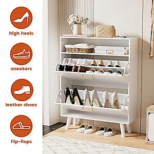 HOUROM Shoe Cabinet for Entryway, White Slim Shoe Cabinet Storage with 2 Flip Drawers, 2 Tier Freestanding Shoe Organizer for Entryway, Hallway, Living Room
