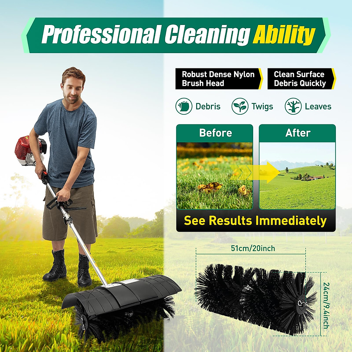 Artificial Grass Brush Power Broom, 52cc 2.3hp Sweeper Driveway Turf Lawns Handheld Sweeper,1700W Portable Power Sweeper Handheld Broom Sweeper Gasoline Engine Power Broom Brush Cleaner Tools