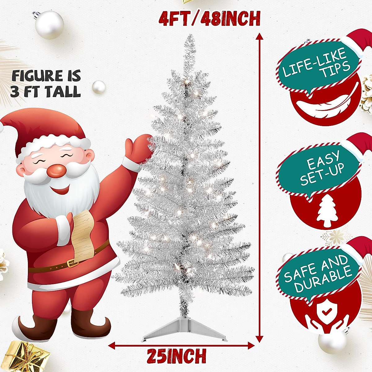 Liguanow 4ft Artificial Christmas Tree with Lights, Indoor & Outdoor Christmas Tree with 50 Warm White Lights, Xmas Pine Tree for Home Office Party Decor, Silver Tinsel