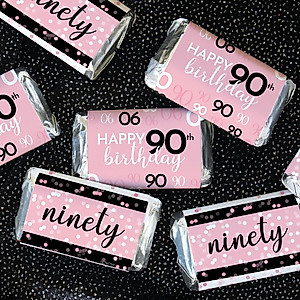DISTINCTIVS Pink, Black, and White 90th Birthday Party Mini Candy Bar Wrappers - 45 Count, 90th Birthday Decorations for Women