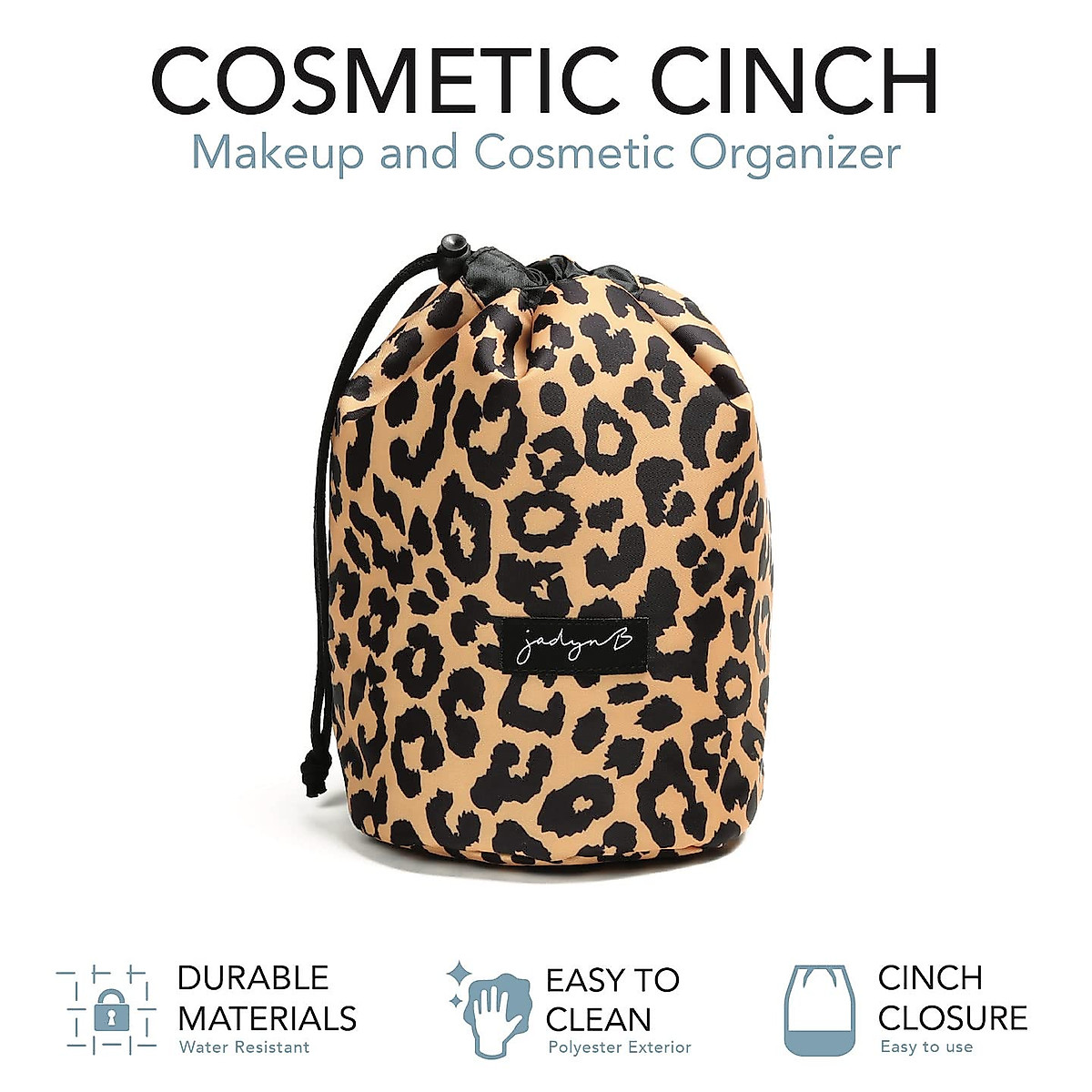 Jadyn Durable Cinch Top Makeup Organizer - Compact Travel Makeup Bag - 7 Interior Pockets for Cosmetics - Drawstring Toiletry Travel Bag for Women - 6L Storage Capacity - (Leopard)