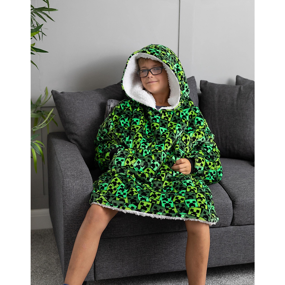 Minecraft Boys Oversized Blanket Hoodie | Boys Creeper Villain Enemy Double Lined Sherpa Fleece Green Sweater