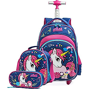 Meetbelify Girls Unicorn Rolling Backpacks Kids Backpack with Wheels for Girls School Bags with Lunch Box