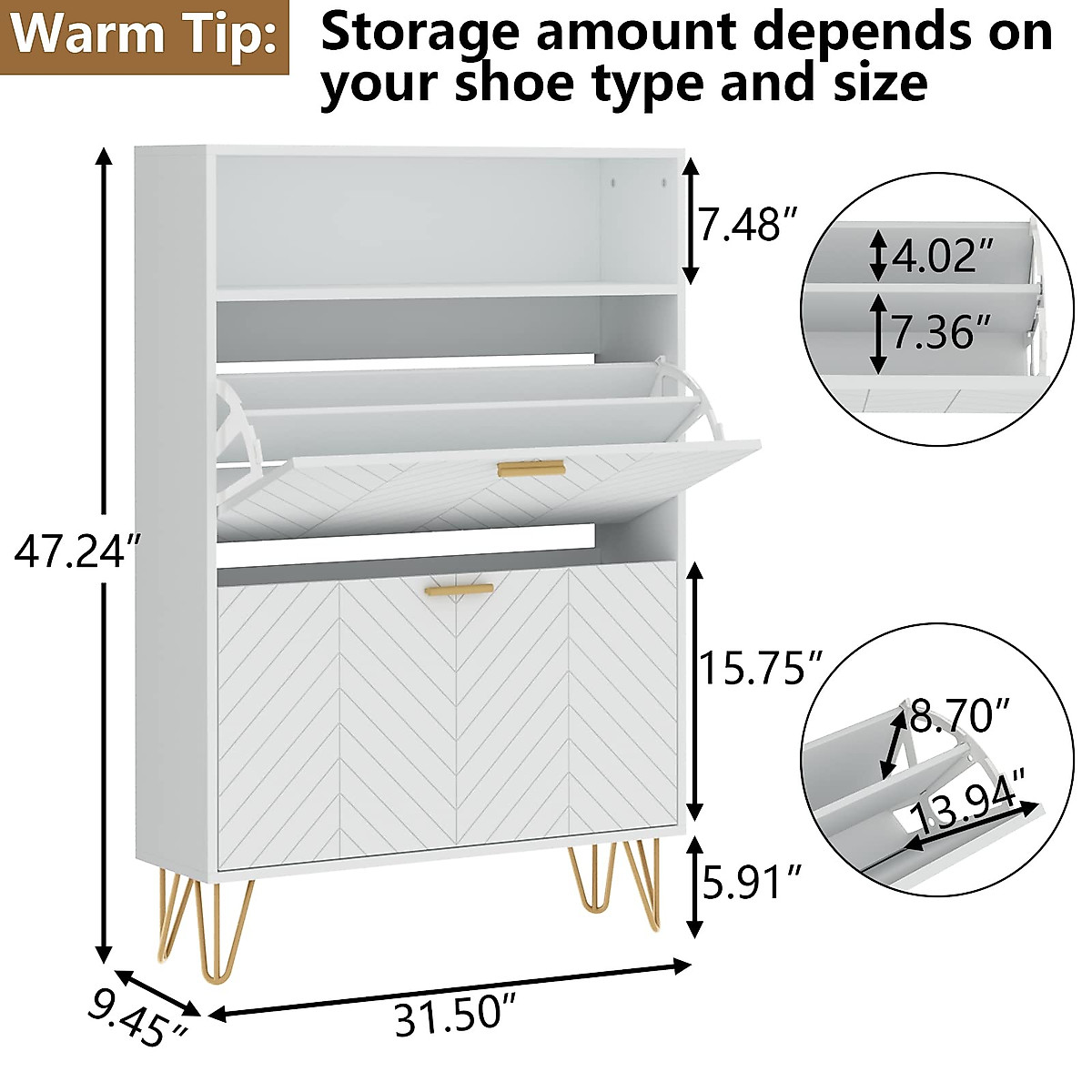 Auromie Shoe Cabinet, Freestanding Tipping Bucket Shoe Storage Cabinet with 2 Flip Drawers, Modern Entryway Shoe Rack with Storage Top Cubby, Narrow Slim Hidden Shoe Organizer with Doors (White)