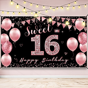 Sweet 16 Birthday Decorations Backdrop Banner, Happy 16th Birthday Decorations for Girls, Rose Gold Pink Sweet Sixteen Party Decoration, Sweet 16 Yard Sign Photo Props for Outdoor Indoor, Vicycaty