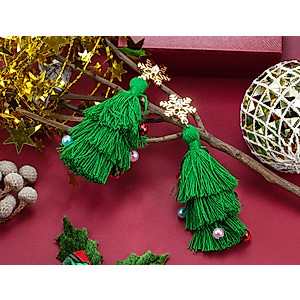 Lightweight Christmas Tree Tassel Beaded Earrings, Bohemian Dangle Drop Green Earrings, Twined with Colored Beads Earring for Women