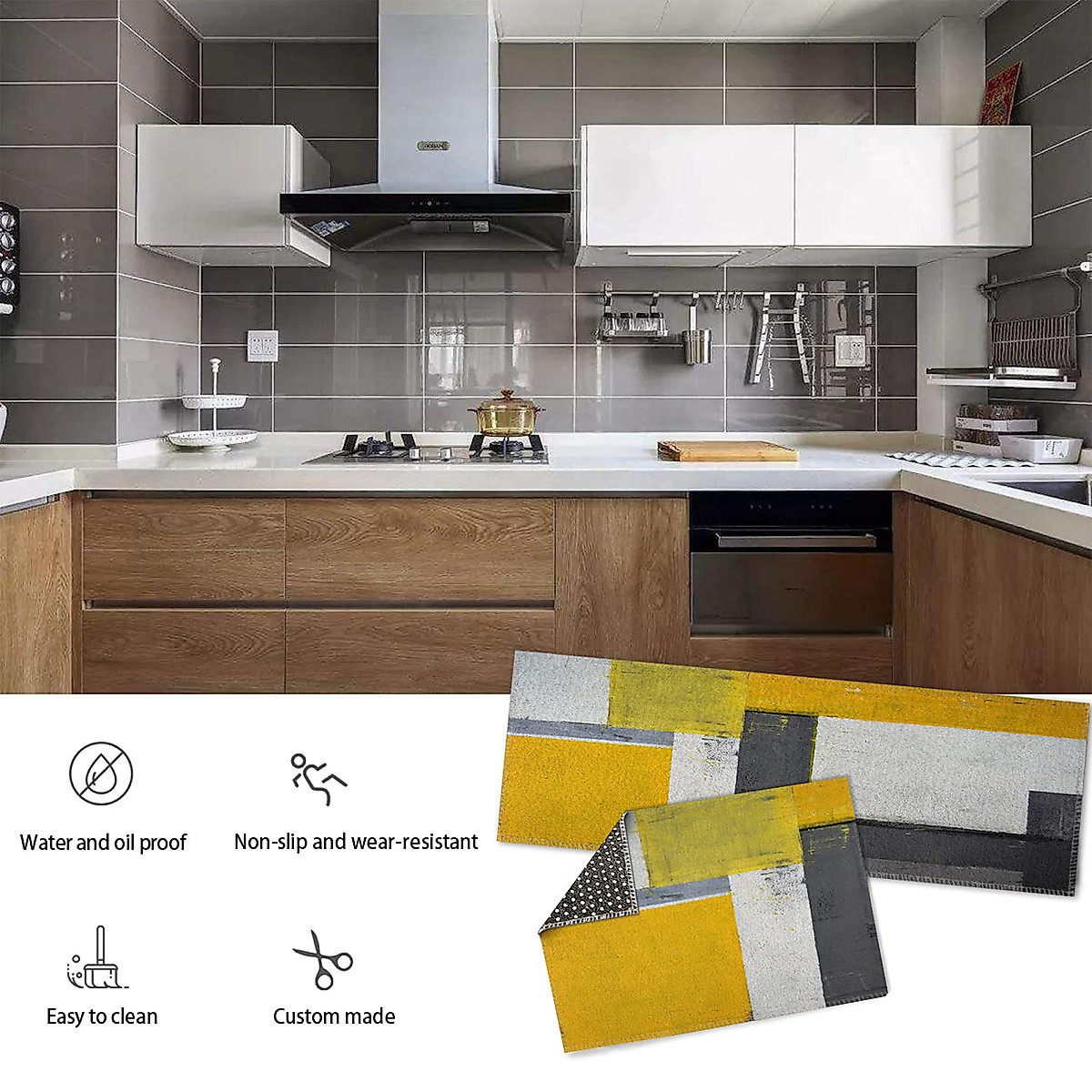 2 Pcs Kitchen Rug Set,Grey and Yellow ,Street Modern Rock Abstract Square Non-Slip Cushioned Anti-Fatigue Kitchen Mats and Rugs Soft Crystal velvet Non-Slip Area Runner Rugs Washable Durable Doormat
