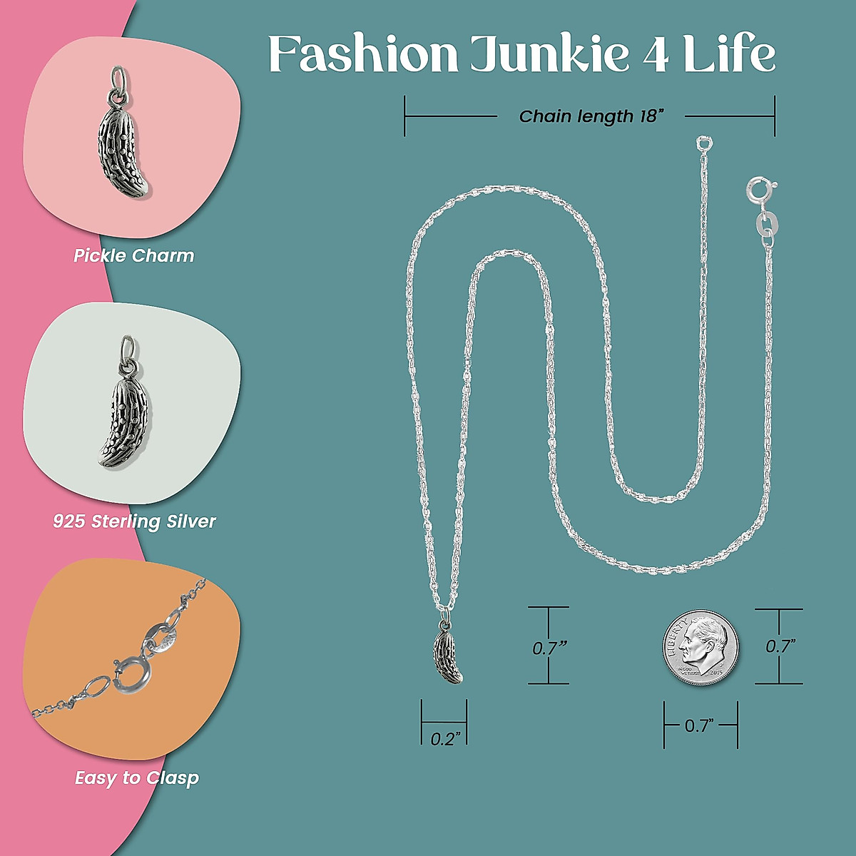 FashionJunkie4Life Sterling Silver Cucumber Necklace 18" Cable Chain | Birthday Gifts for Women