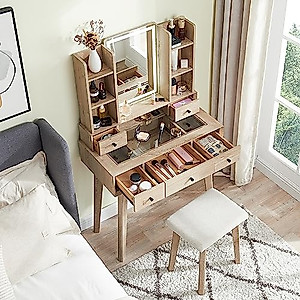 T4TREAM Vanity Desk with Mirror and Lights,Makeup Vanity Table Set with Visual Drawers,Cushioned Stool and 3 Color Lighting Modes,32 inch Dressing Table for Bedroom Women Girls,Natural Oak