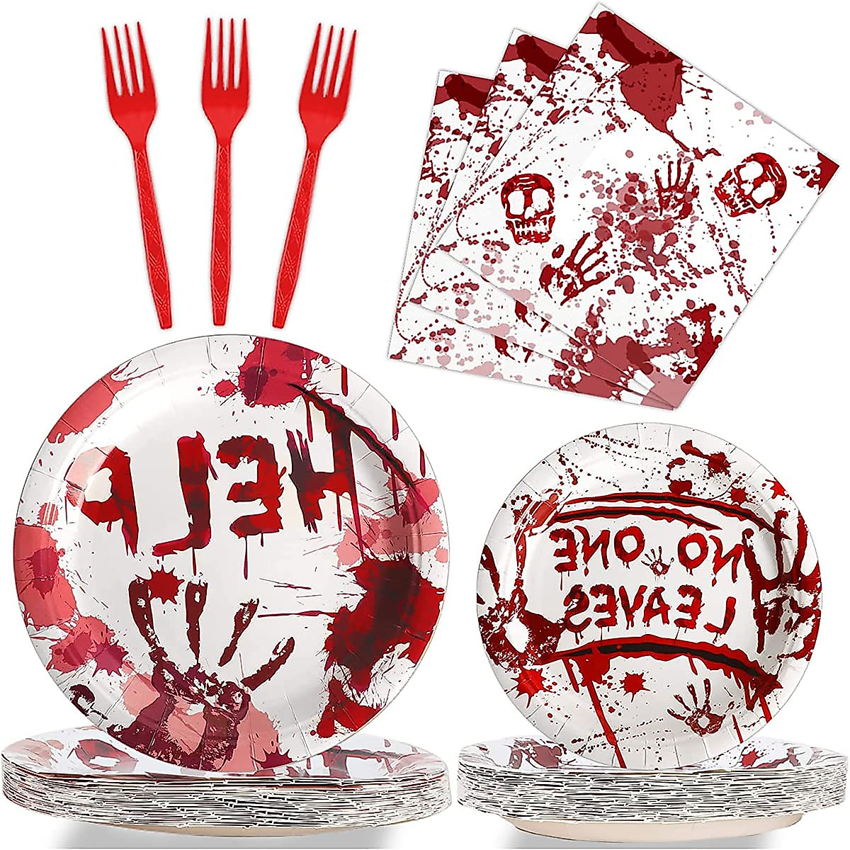 96 Pieces Bloody Good Time Party Tableware Set Halloween Zombie Skull Bloody Party Table Decorations Halloween Party Supplies Table Decorations Paper Plates Napkins Forks for 24 Guests