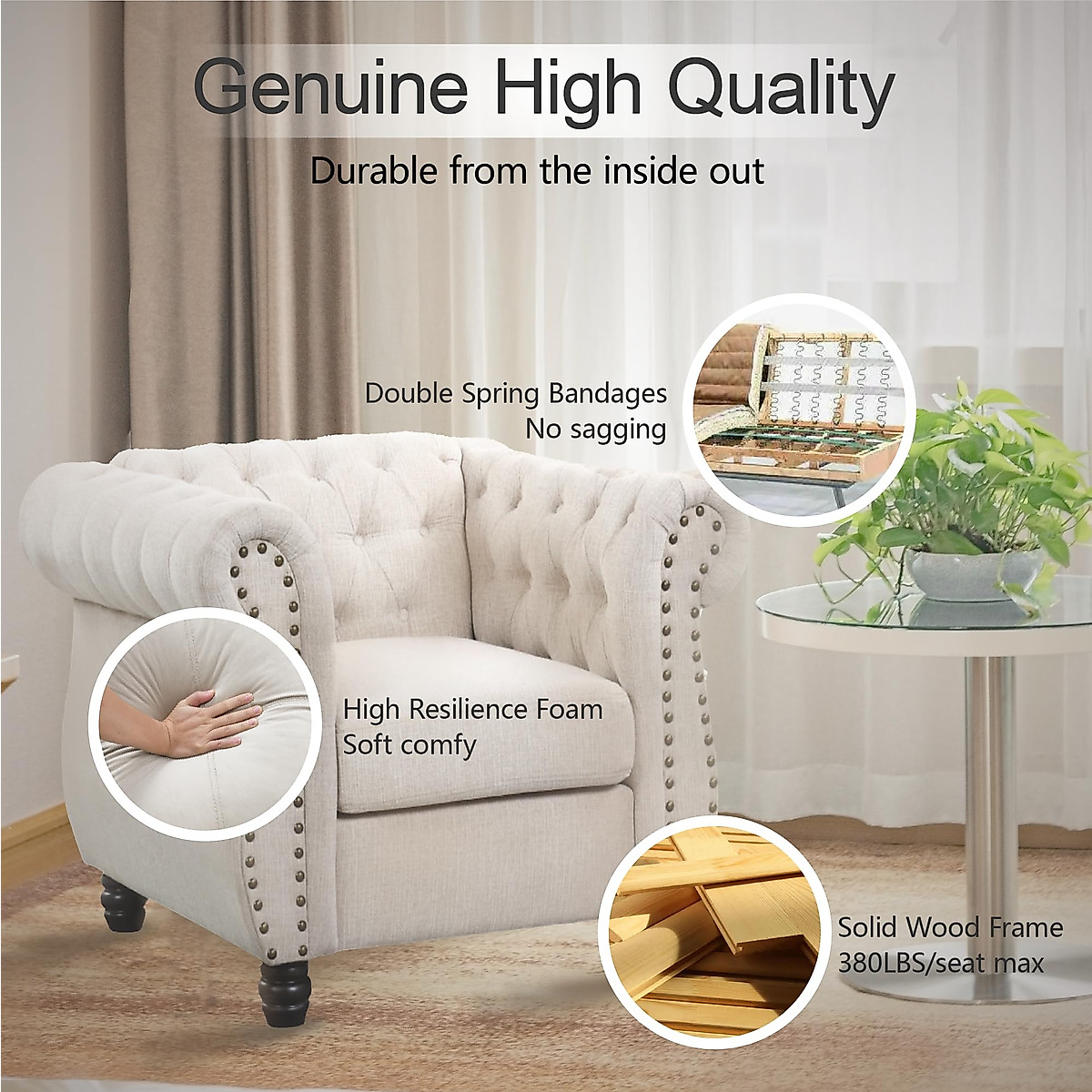 Morden Fort Classic Chesterfield Victoria Arm Loveseat Set, Tufted Loveseat Sofa No Sagging with Solid Wood Legs, Pet-Friendly Love Seat Set Couch for Living Room Bedroom Apartment - Chenille Beige