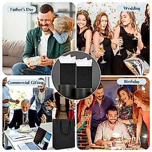 Jutieuo 12 Pcs Luxury Black Bags with Tissue Paper, Medium Size Gift Bags for Men, Groomsmen Proposal Bags, 8x4x11 Inches Premium Black Paper Bags with Handles for Valentine's Day Birthday Gift