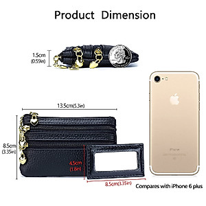 imeetu Genuine Leather Coin Purse Keychain for Women, Small Change Purse for Coins, Coin Pouch Wallet with 4 Zippered Pockets, a Mini Mirror (Barbie Red)