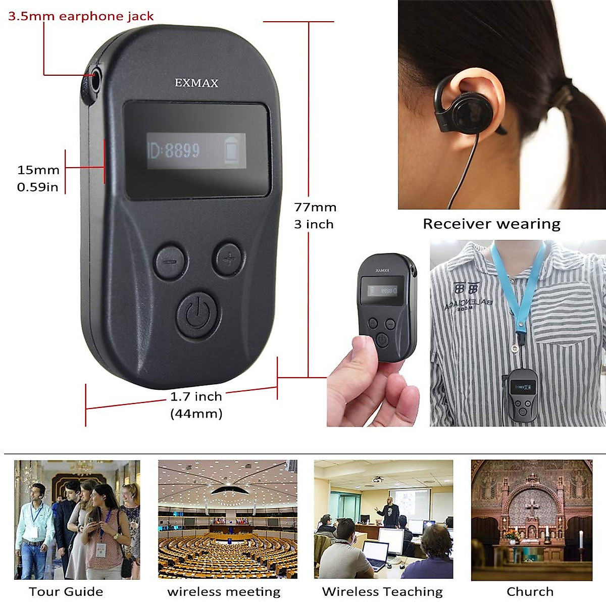 EXMAX EXD-101 2.4GHz Professional Wireless Tour Guide System with 9999 Available Channels to Work for the Reception of VIPs Visited the Factory,Seminars or Exhibitions(1 Transmitter & 4 Receivers)