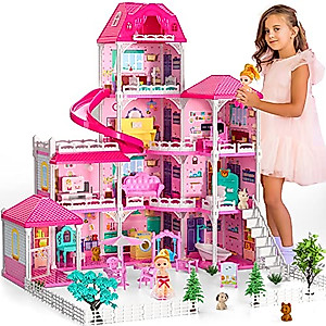 Doll House, Dream House Furniture Pink Girl Toys, 4 Stories 10 Rooms Dollhouse with 2 Princesses Slide Accessories, Toddler Playhouse Gift for for 3 4 5 6 7 8 9 10 Year Old Girls Toys