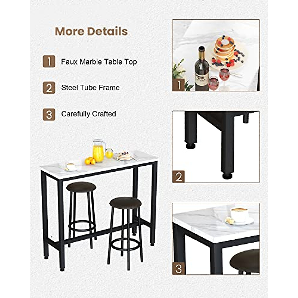 Recaceik Dining Table Set, 47.2” Rectangle Pub Dining Set Kitchen Table Set Bar Table with Stools, 3-Piece Breakfast Table Set with Metal Frame for Kitchen Dining Room w/ 2 Chairs - White