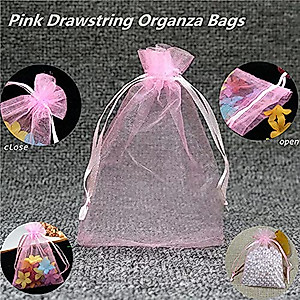 SQULIGT 100 Pcs Pink Organza Bags, 5 x 7 inches Christmas Wedding Favors Gift Drawstring Bags Jewelry Pouches Candy Mesh Pouches