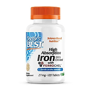 Doctor's Best High Absorption Iron with Ferrochel, Gentle on The Stomach, Immune Health, Blood Health, 27 mg