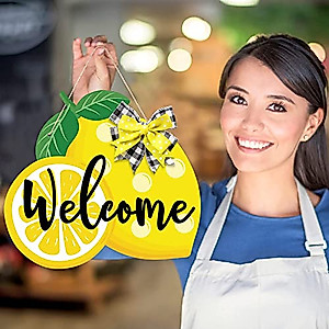 Huray Rayho Lemon Welcome Door Sign Summer Farmhouse Wooden Front Door Hanger, 13.7''x12.5'' Fresh Lemon with Yellow Black White Buffalo Plaid Bowknot, Summer Gift Ideas for Parents, Friends, Teachers