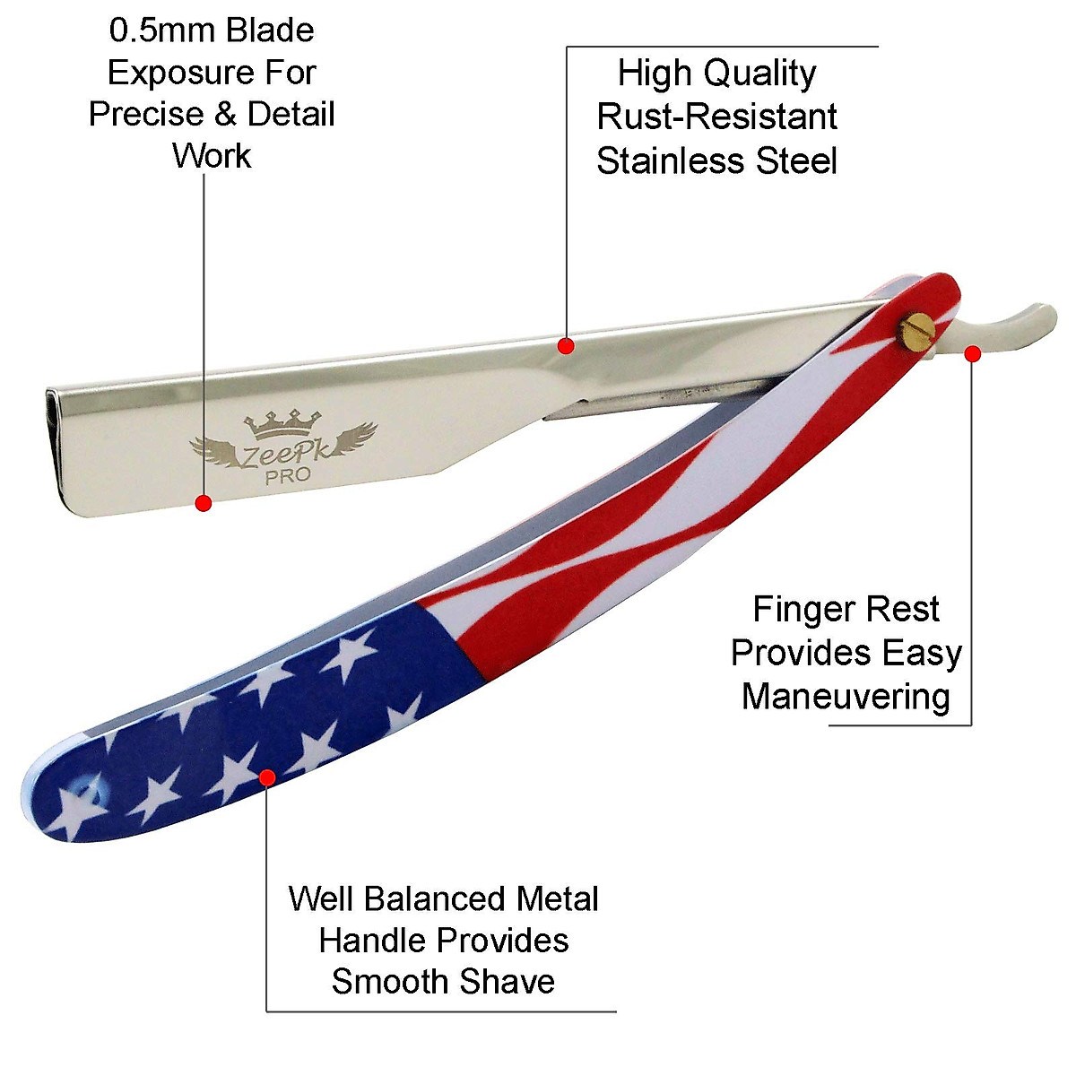 Straight Edge Razor - Barber Salon Quality (American Flag) Men's Beard Cut Throat Razor + 10 Shaving Blades By Zeepk