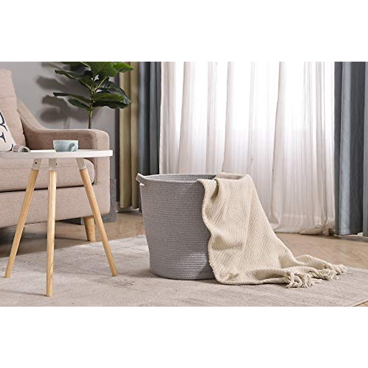 Grey-Clothes Basket with Handles, Laundry Basket, Hampers for Laundry, Grey Rope Basket Grey, Woven Blanket Basket, Toy Baskets, Floor Basket, Towel Basket, Environmental Protection Material