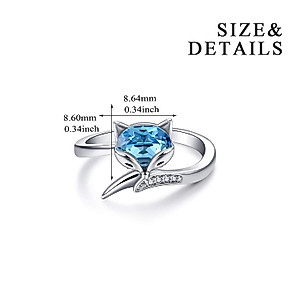 AOBOCO Sterling Silver Fox Ring for Women, Simulated Aquamarine Birthstone Crystal from Austria, Animal Fox Tail Adjustable Open Ring, Anniversary Birthday Fox Jewelry Gifts for Foxes Lovers(Blue)