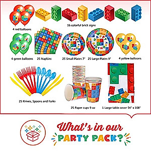 Building Block Birthday Party Supplies Set | Baby Boy Toddler Kids Birthday Brick Decorations – Cups Plates Signs Napkins Balloons Tablecloth Utensils – Decorations for Boys and Girls – Serves 25