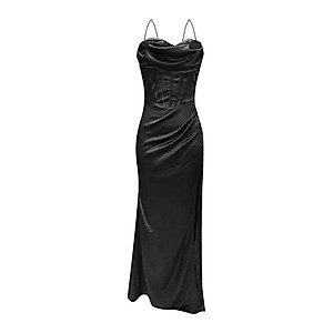 Business Dresses for Women Ladies Simulated Silk Sleeveless Back Strap Side Slit Long Suspender Dress Black