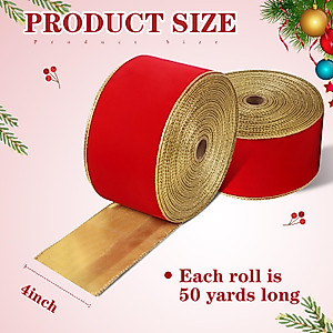 Giegxin 2 Rolls 100 Yard Christmas Velvet Ribbon Wired Gold Edge Ribbon Xmas Gift Wrapping Ribbon for Christmas Crafts Arrangement Decoration(Red and Gold, 4 Inch x 50 Yard)