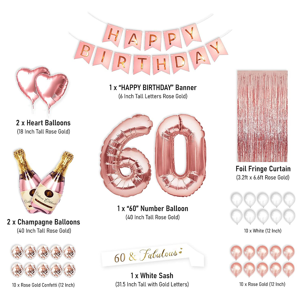 PartyForever 60th Birthday Decorations for Women Rose Gold Supplies Big Set Including Birthday Banner with 60 and Fabulous Sash for Her Sixty Bday Theme Party Decor