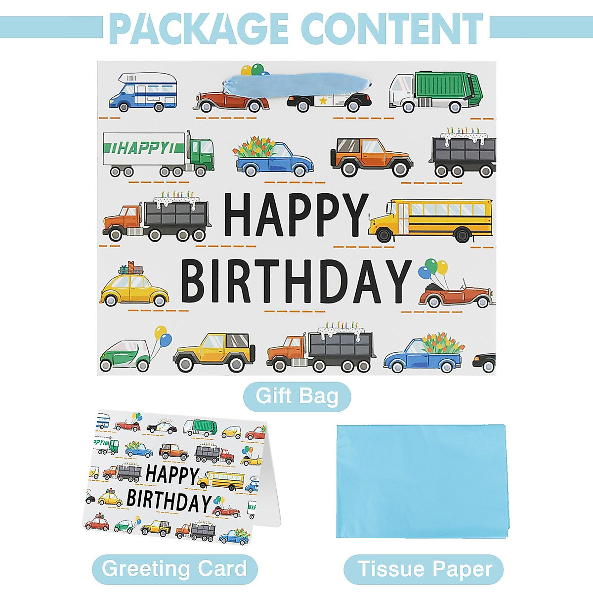 13" Large Car Happy Birthday Gift Bag for Baby Boy Kids with Tissue Paper and Card (Vehicle)