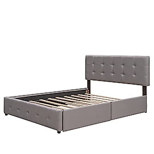 AMFSQJ Queen Size Upholstered Bed with 2 Drawer and 1 Twin Size Trundle Bed, Bedroom Platform Bed with Linen Fabric, Wooden Slat Frame, Wood Platform Bed for Teen, Adult (Light Gray)