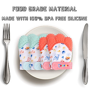 NEPAK Teething Mitten 2 Pairs-Baby Glove Stimulating Teether Toys for Boys & Girls-Teething Glove for Child (Cartoon Puppet,Coral and Mint Colours)